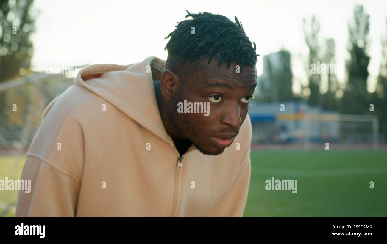 African American sport man heavy breathing sweating stop morning ...