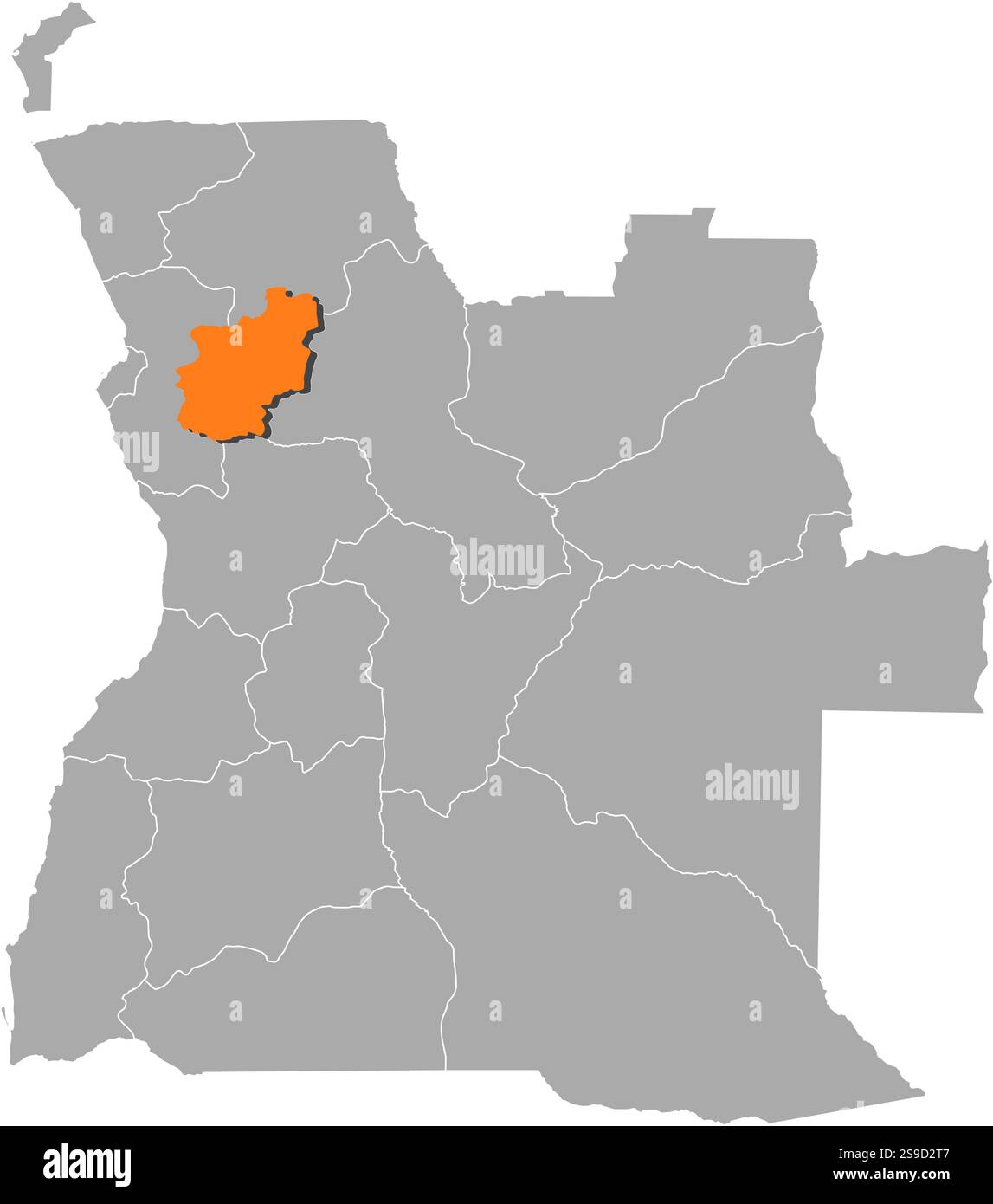 Map of Angola with the provinces, Cuanza Norte is highlighted by orange ...