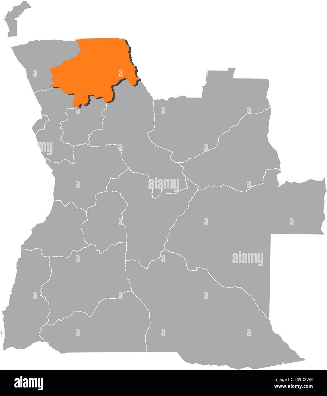 Map of Angola with the provinces, Uíge is highlighted by orange Stock ...