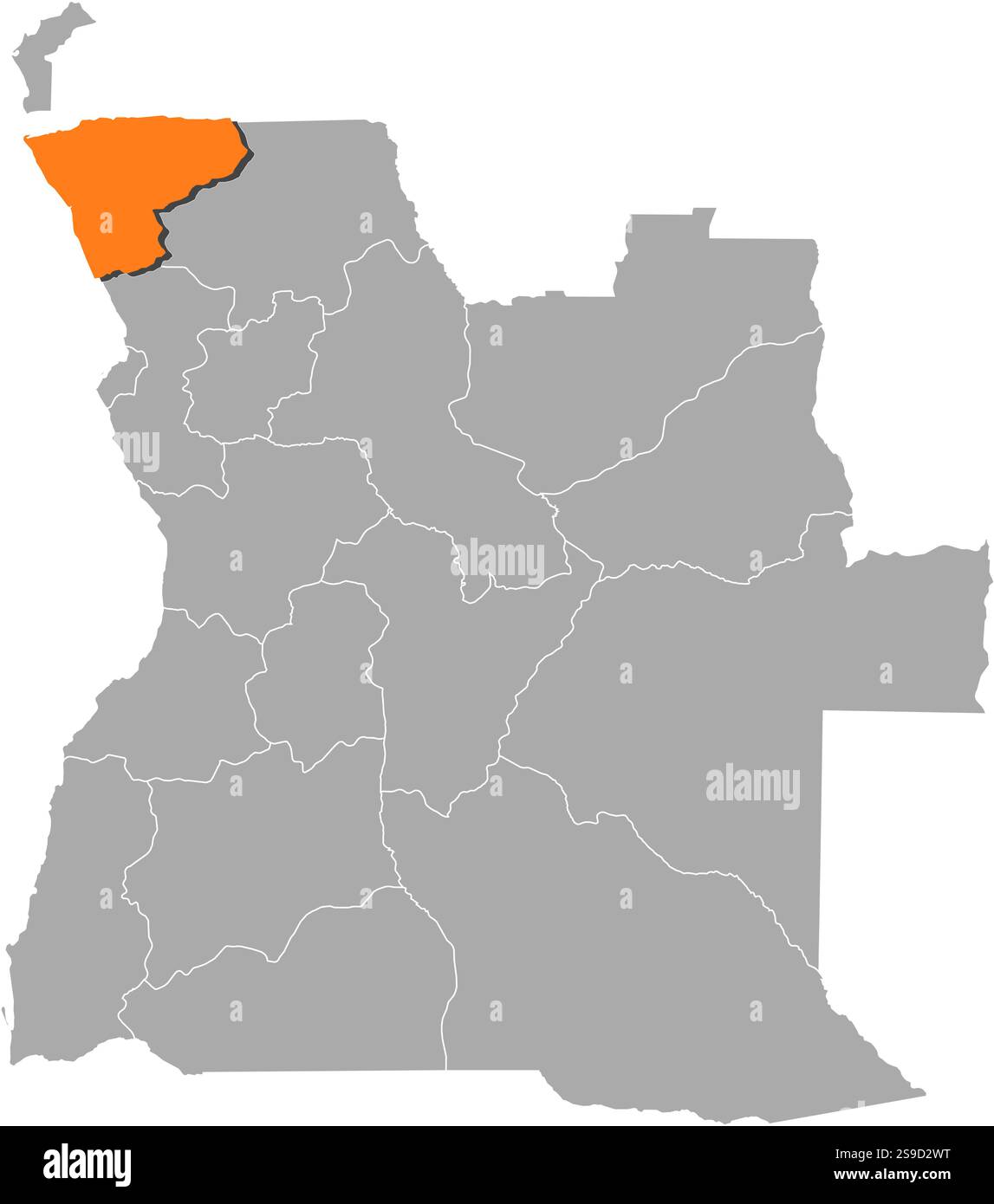 Map of Angola with the provinces, Zaire is highlighted by orange Stock ...