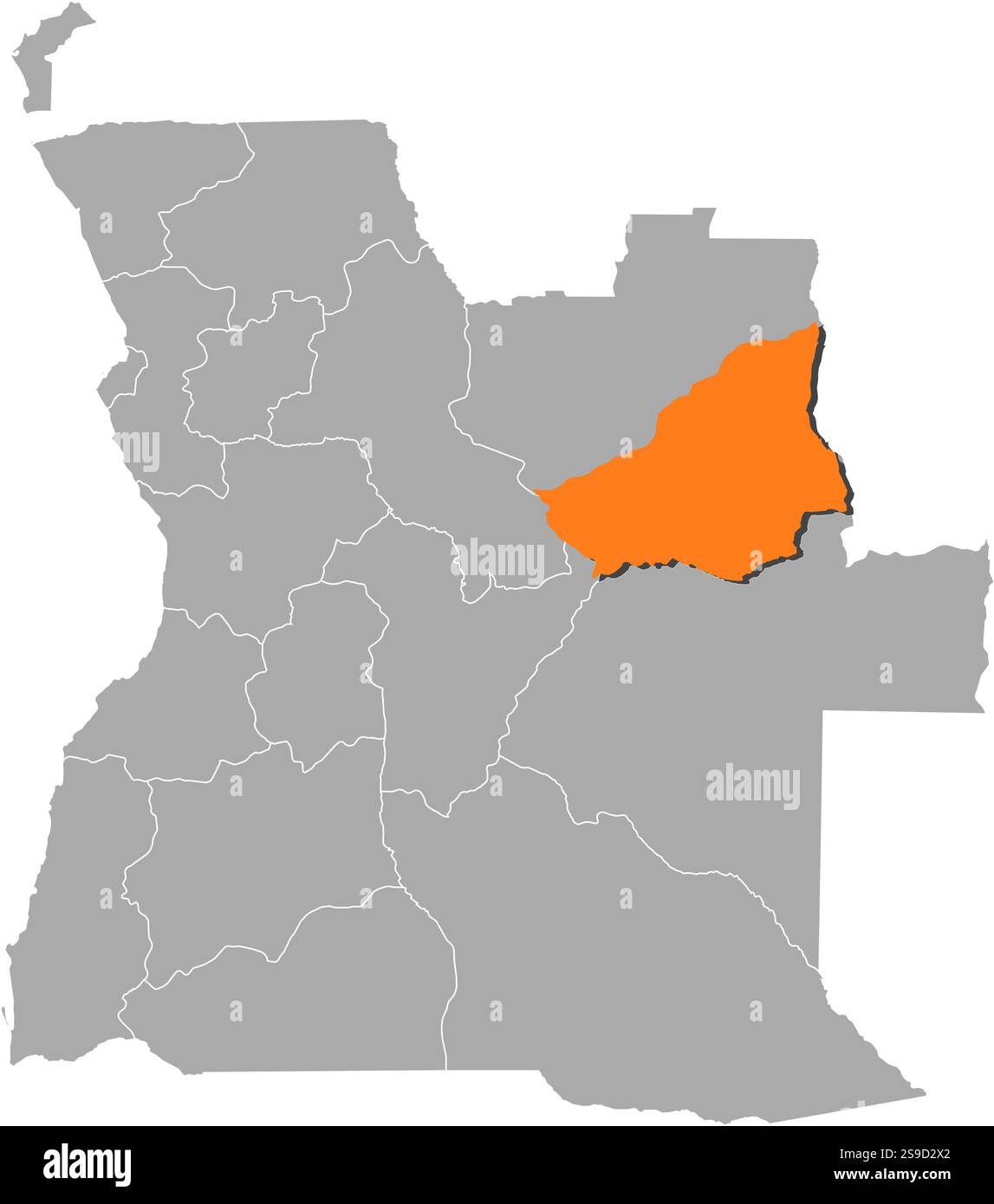Map of Angola with the provinces, Lunda Sul is highlighted by orange ...
