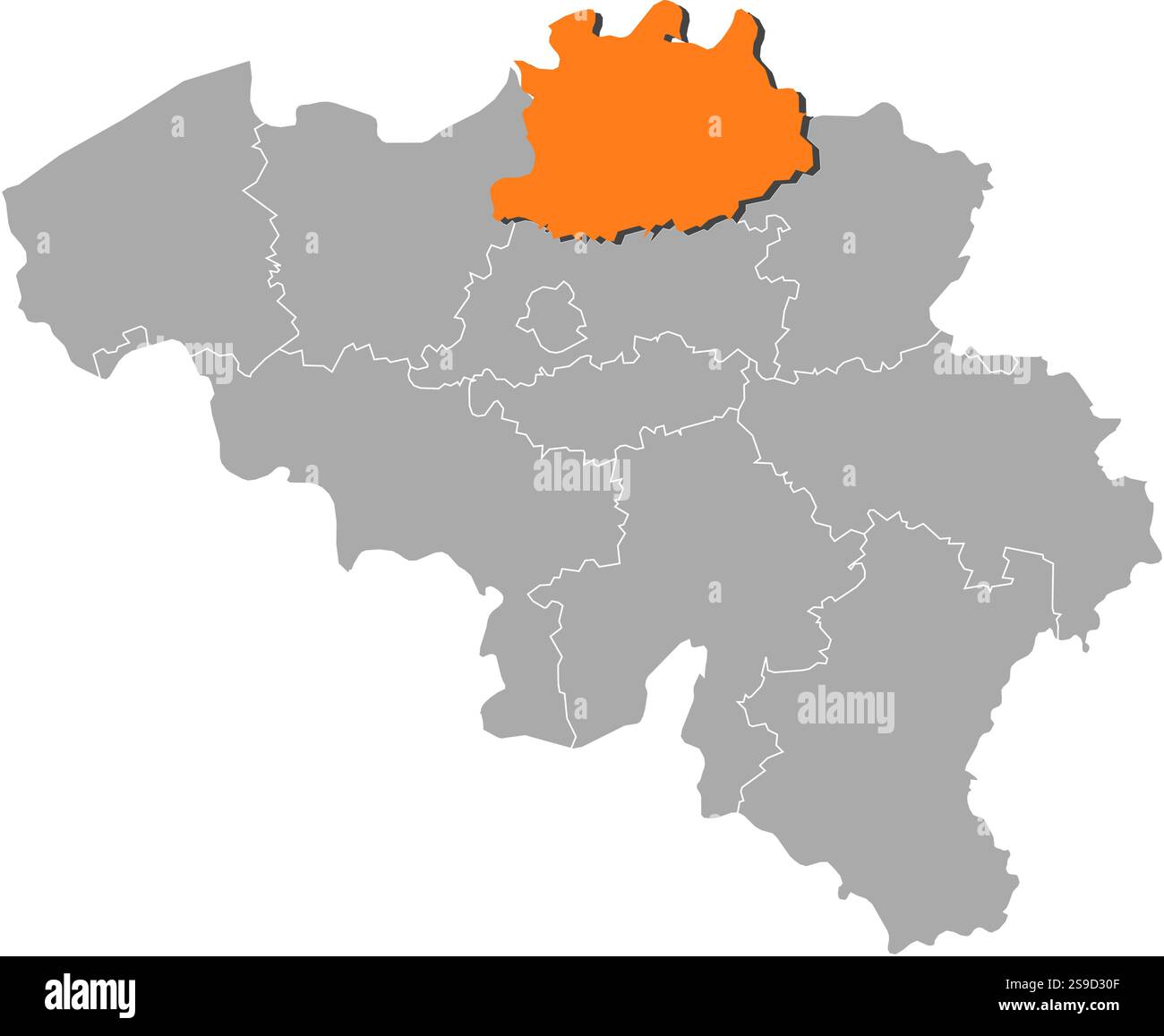 Map of Belgium with the provinces, Antwerp is highlighted by orange ...