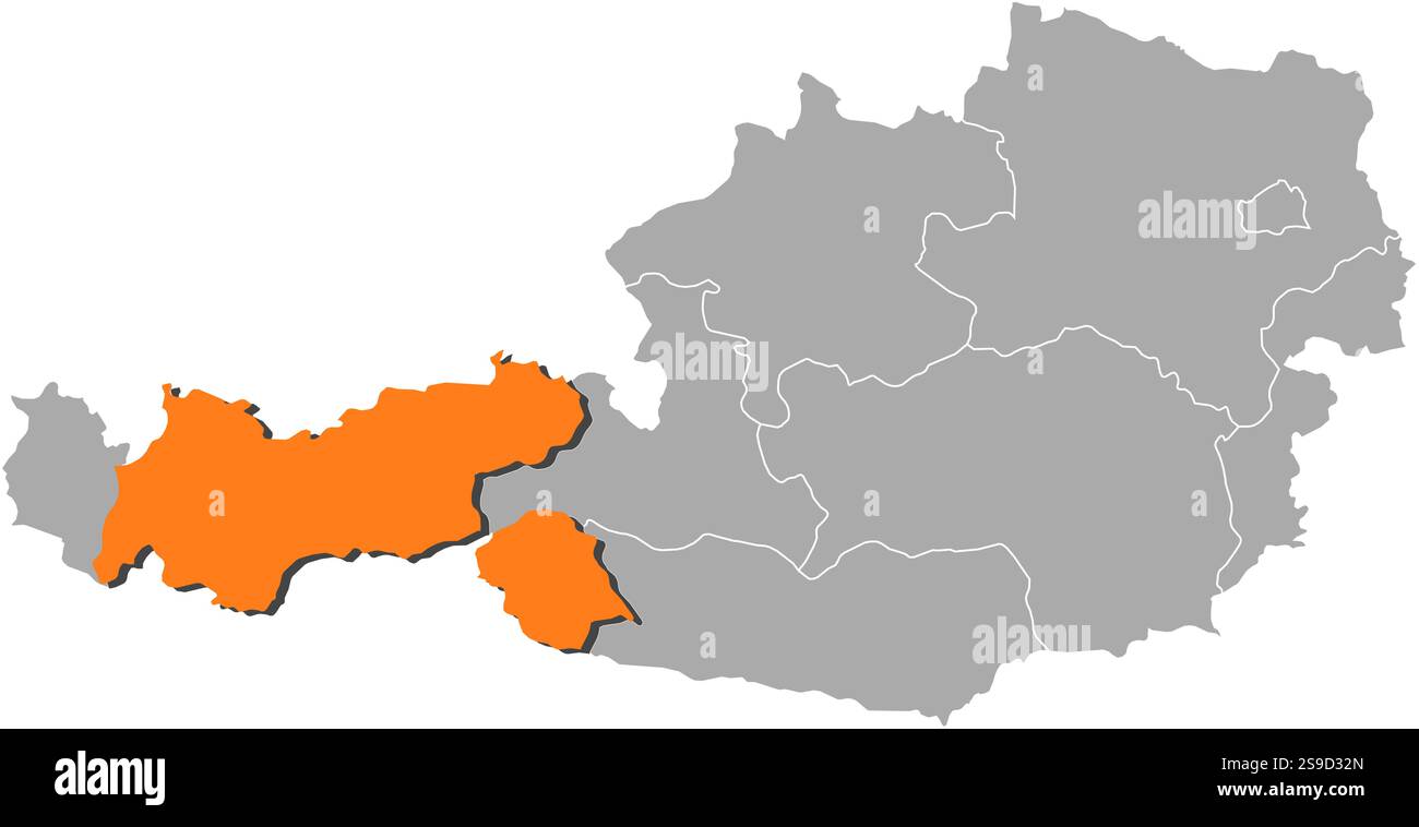 Map of Austria with the provinces, Tyrol is highlighted by orange Stock ...