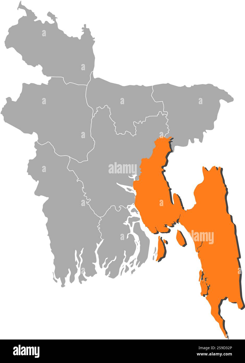 Map of Bangladesh with the provinces, Chittagong is highlighted by orange Stock Vector Image ...