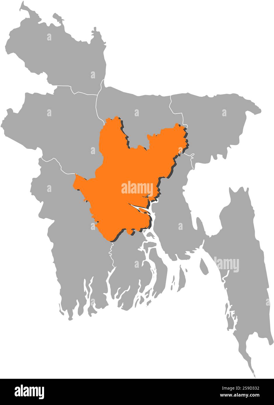 Map of Bangladesh with the provinces, Dhaka is highlighted by orange ...