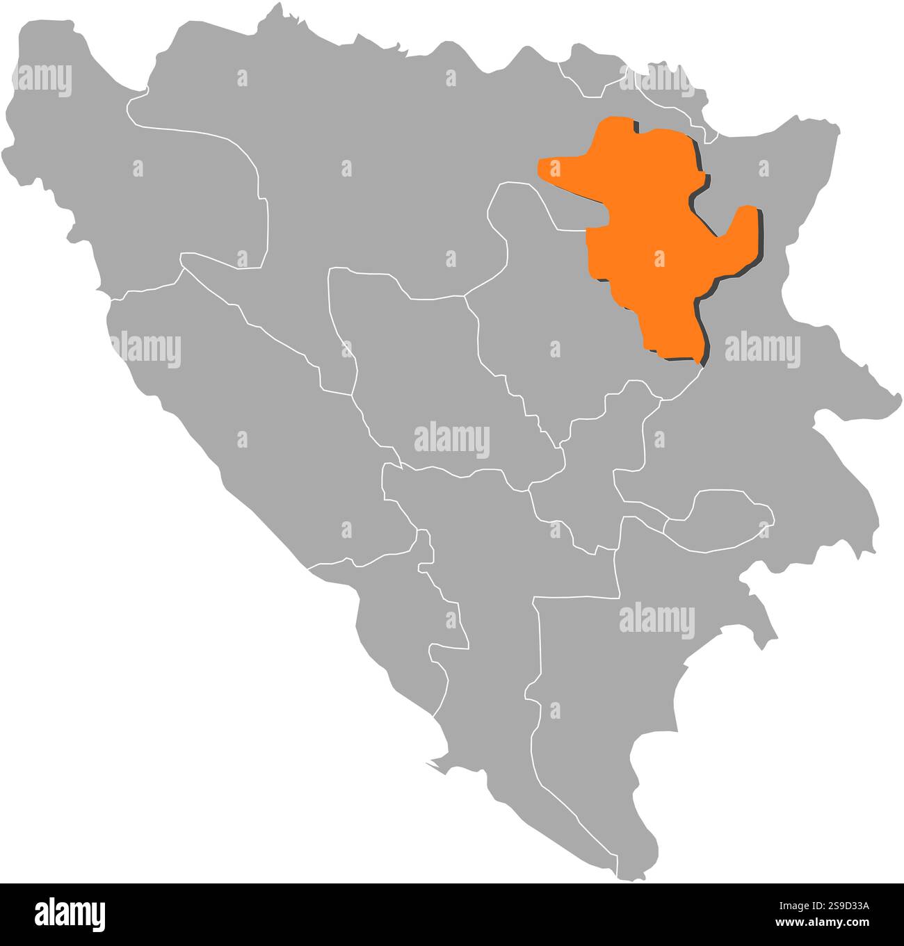 Map of Bosnia and Herzegovina with the provinces, Tuzla is highlighted ...