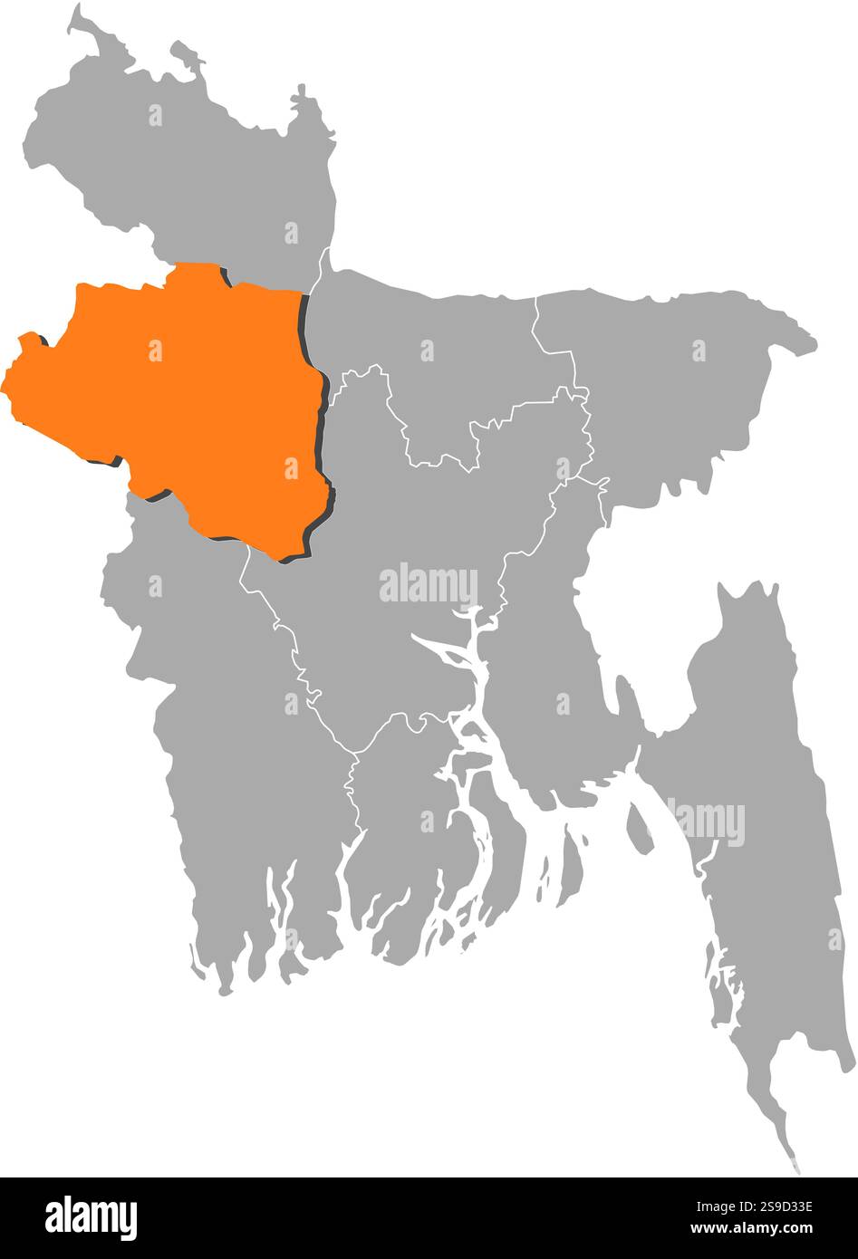 Map of Bangladesh with the provinces, Rajshahi is highlighted by orange ...