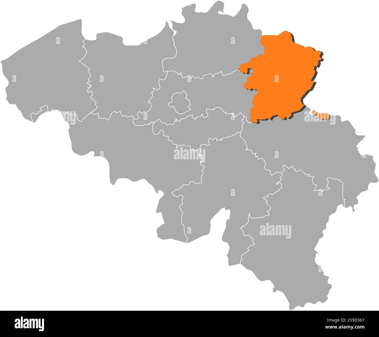 Map of Belgium with the provinces, Limburg is highlighted by orange ...