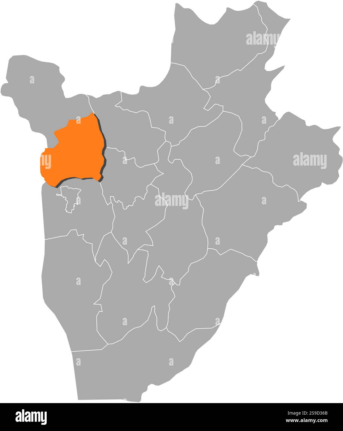 Map of Burundi with the provinces, Bubanza is highlighted by orange ...