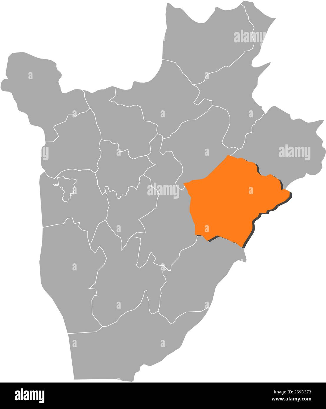 Map of Burundi with the provinces, Ruyigi is highlighted by orange ...