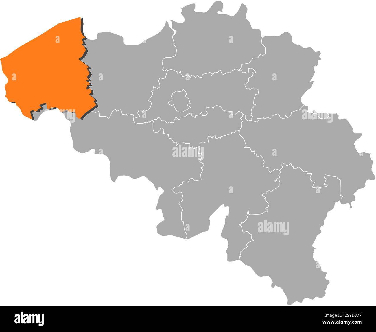 Map of Belgium with the provinces, West Flanders is highlighted by ...