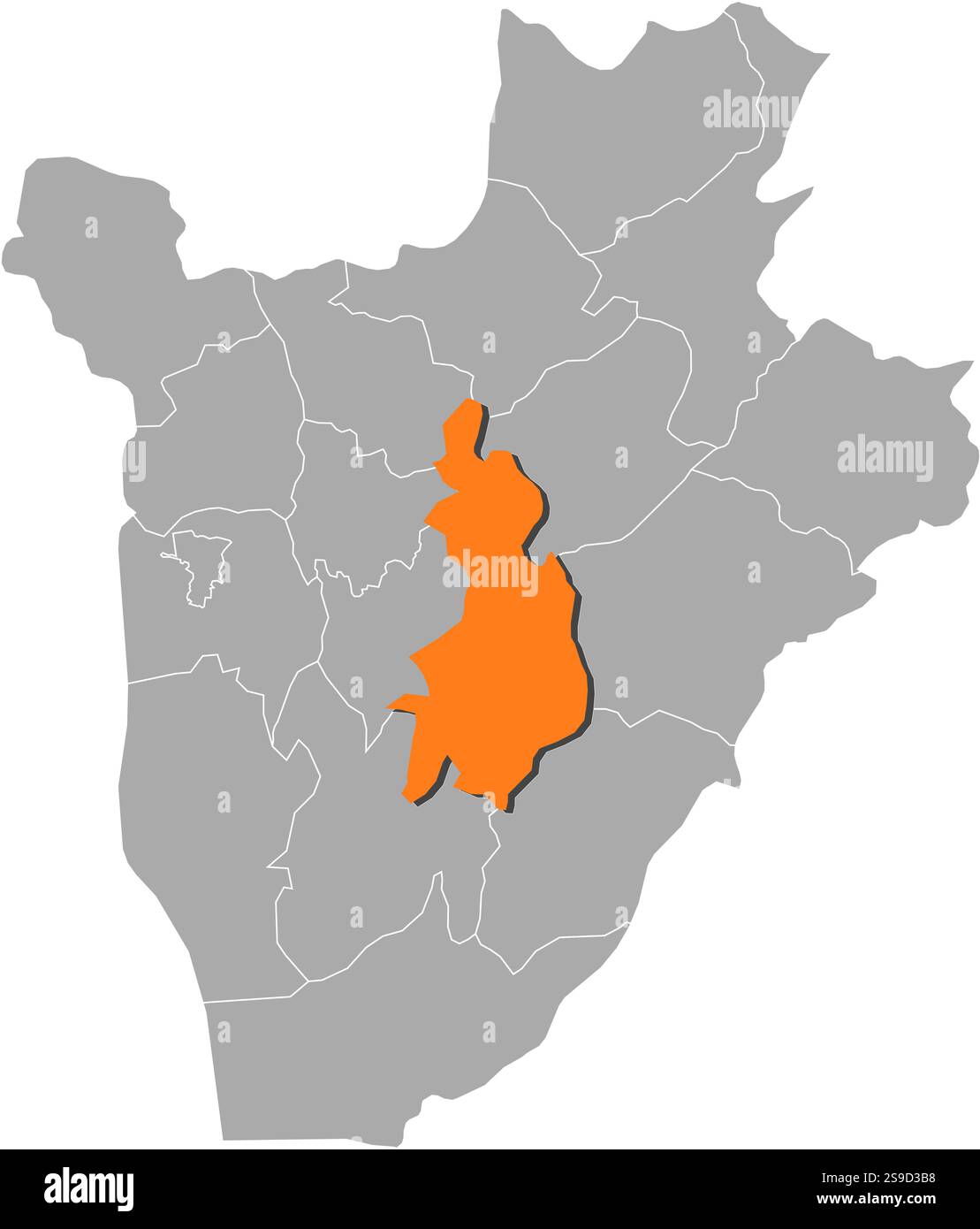 Map of Burundi with the provinces, Gitega is highlighted by orange ...