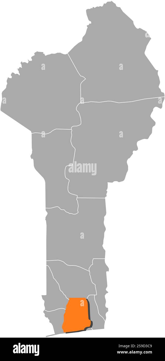 Map of Benin with the provinces, Atlantique is highlighted by orange ...