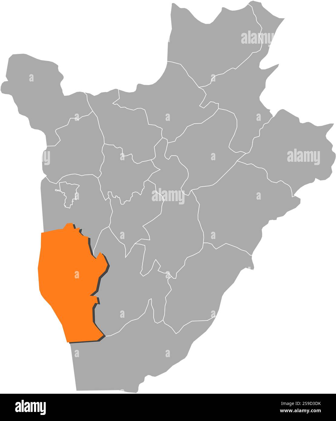 Map of Burundi with the provinces, Rumonge is highlighted by orange ...