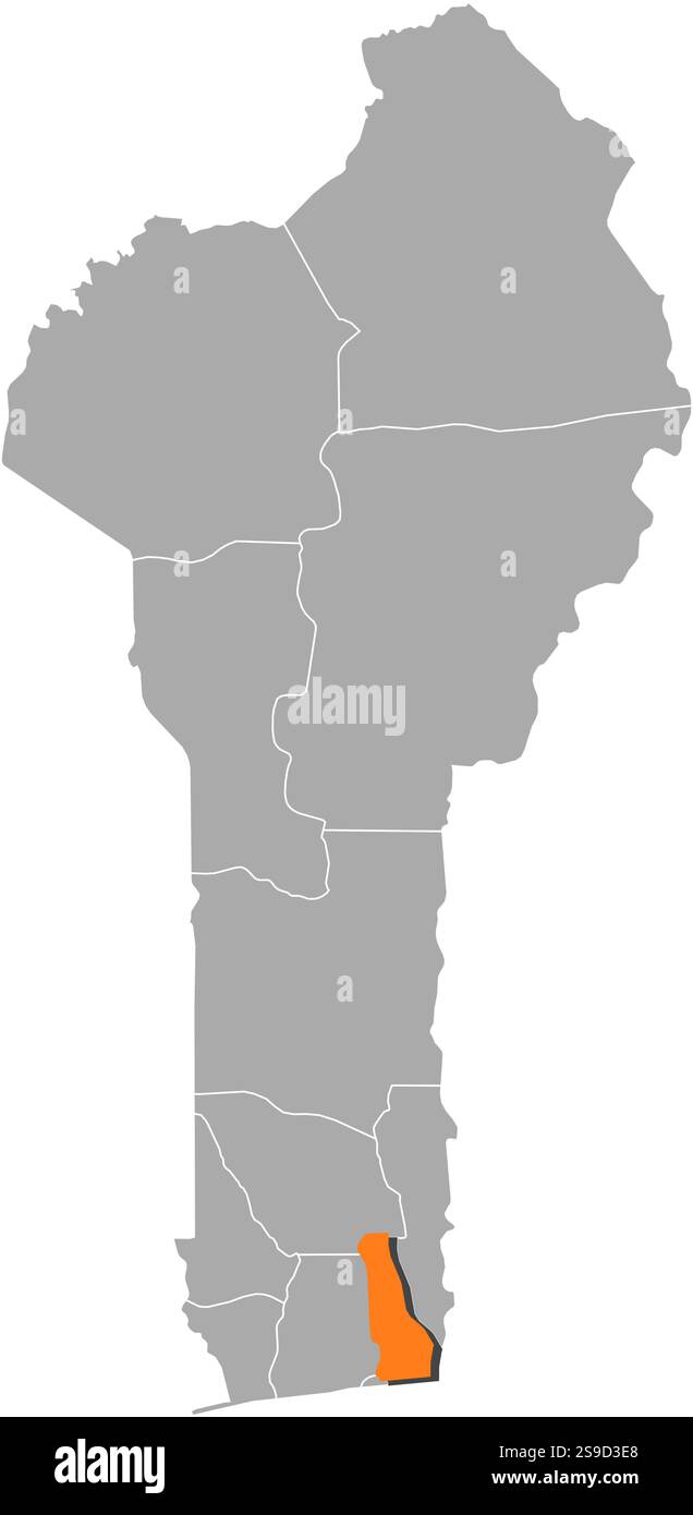 Map of Benin with the provinces, Ouémé is highlighted by orange Stock ...