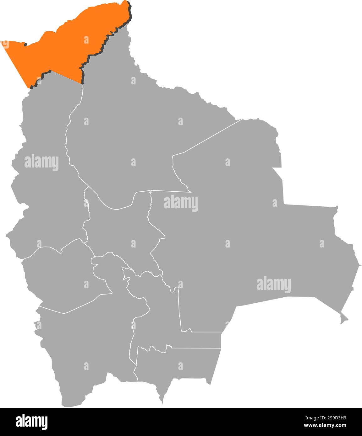 Map of Bolivia with the provinces, Pando is highlighted by orange Stock ...