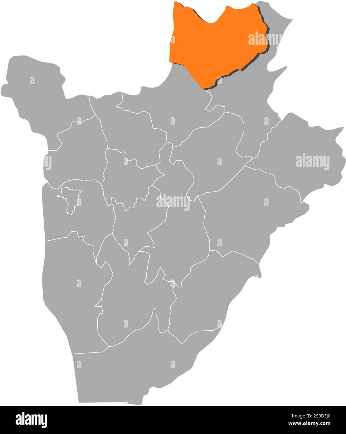 Map of Burundi with the provinces, Kirundo is highlighted by orange ...