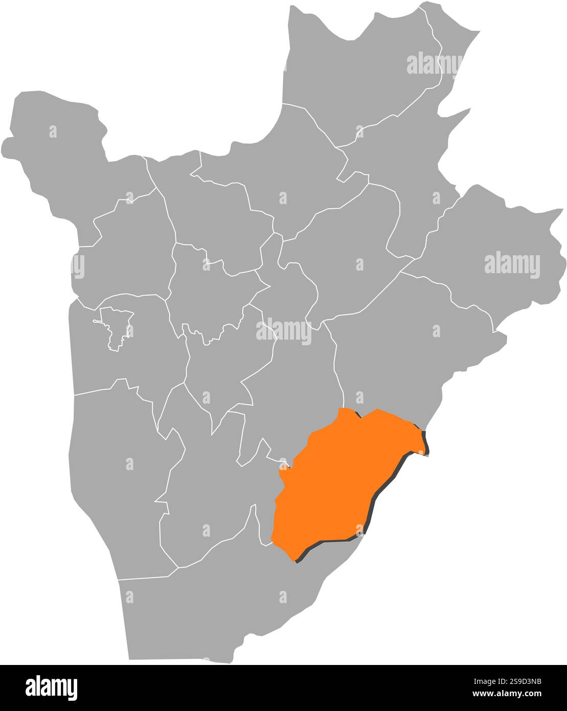 Map of Burundi with the provinces, Rutana is highlighted by orange ...