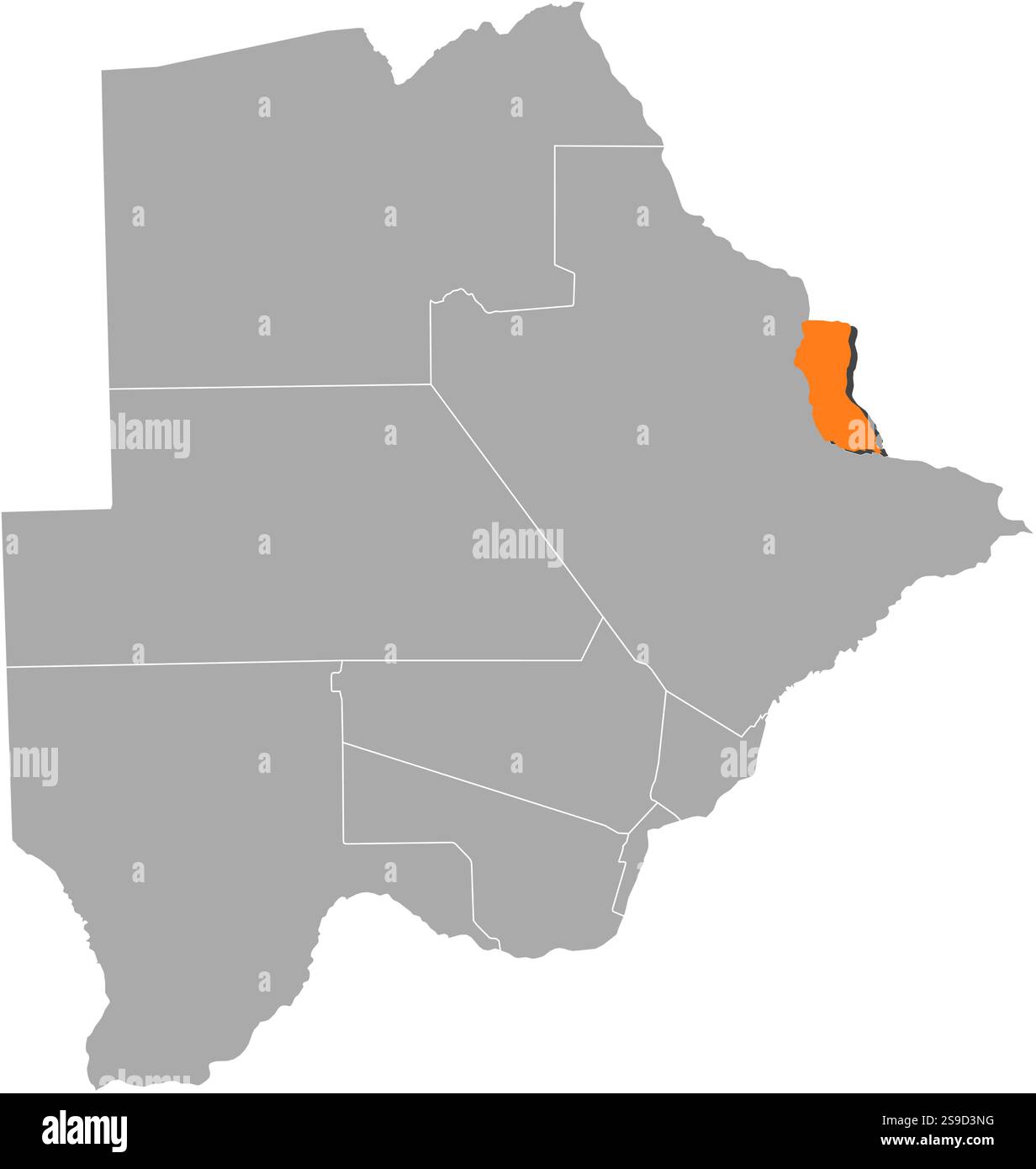 Map of Botswana with the provinces, North-East is highlighted by orange ...
