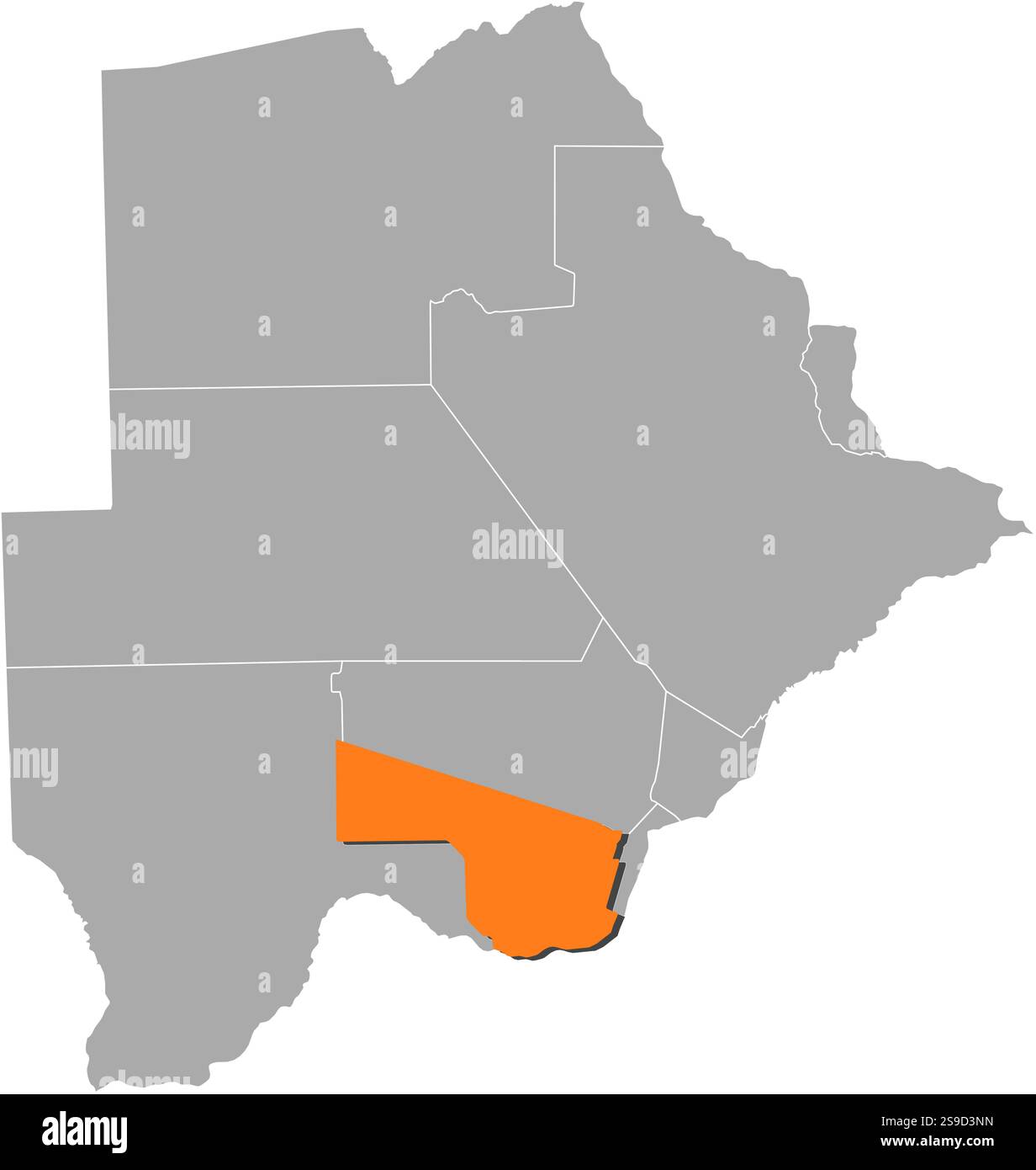 Map of Botswana with the provinces, Southern is highlighted by orange ...