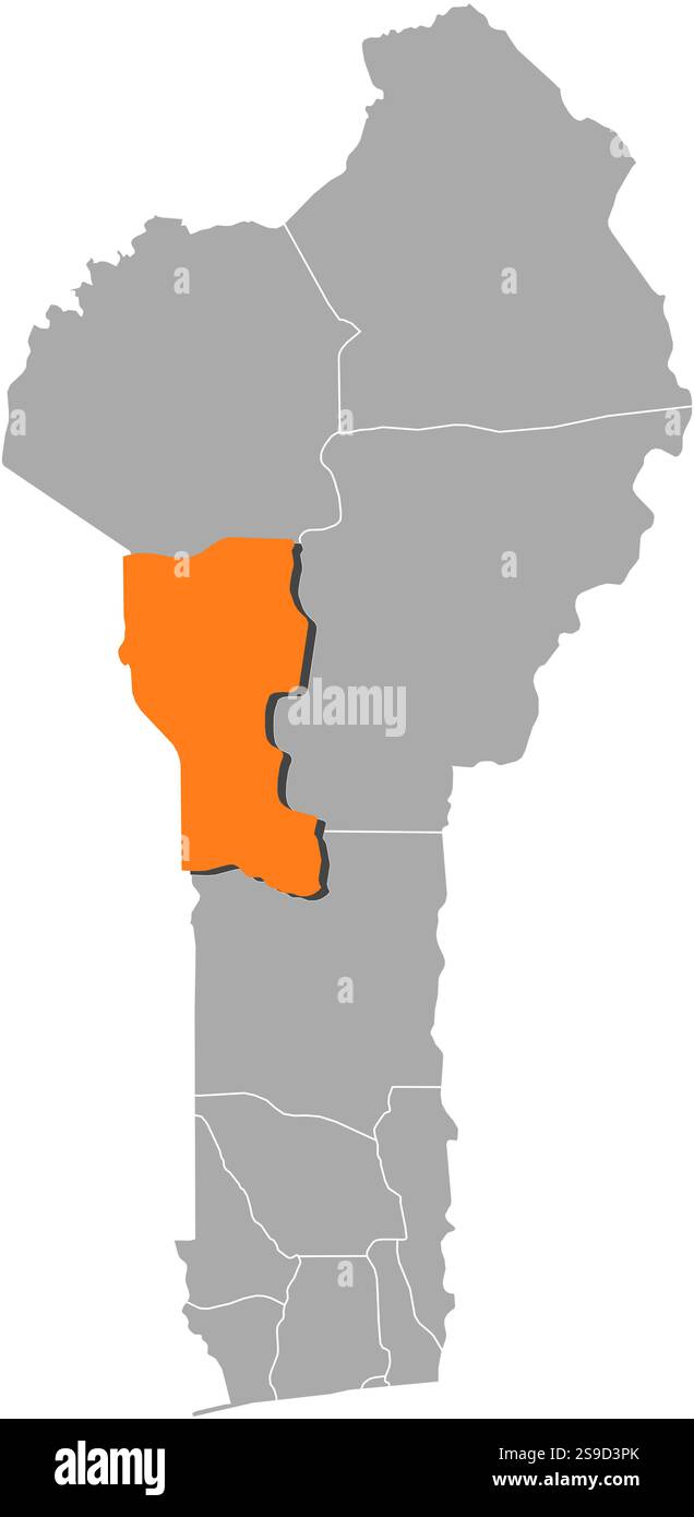 Map of Benin with the provinces, Donga is highlighted by orange Stock ...
