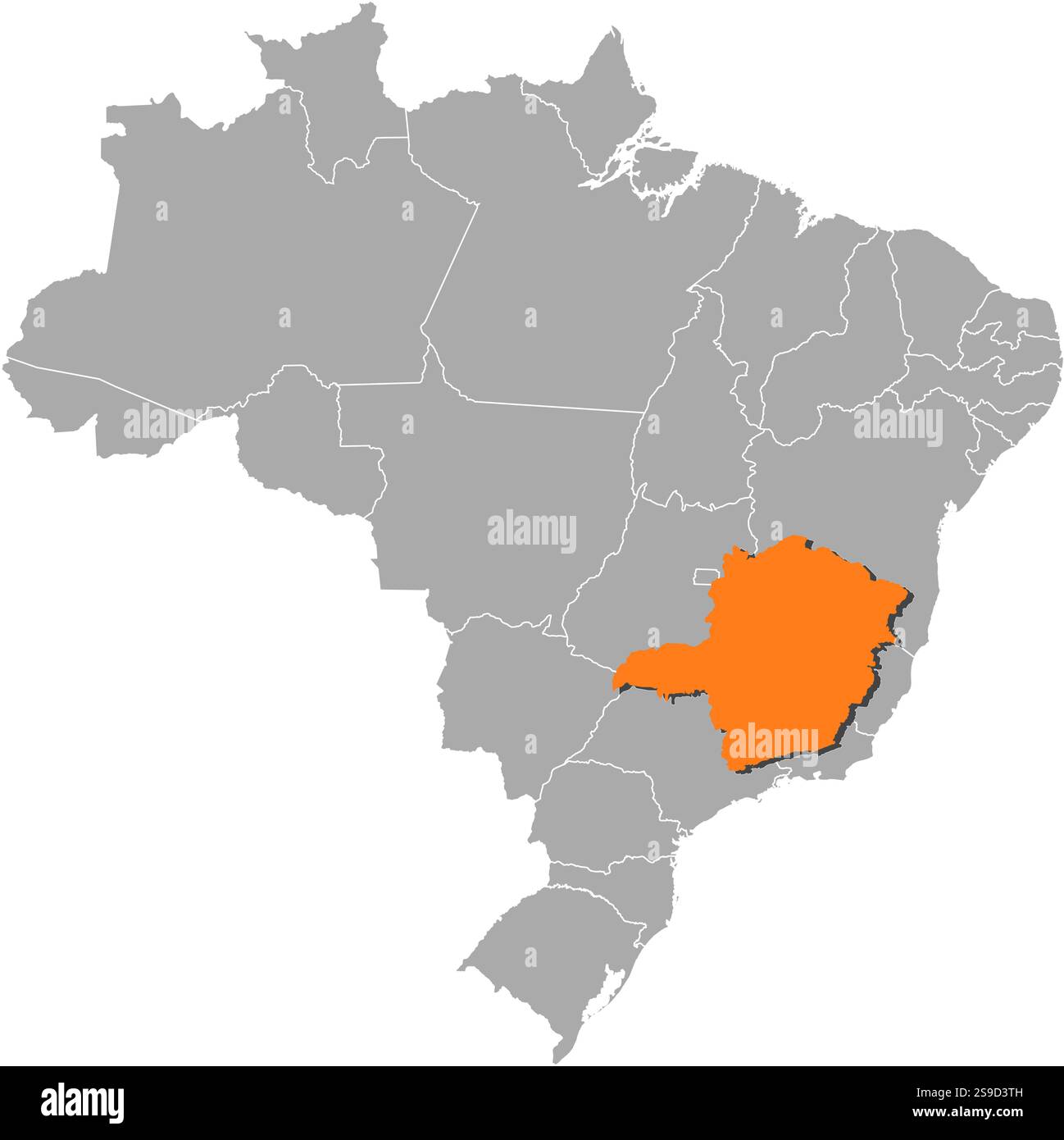 Map of Brazil with the provinces, Minas Gerais is highlighted by orange ...