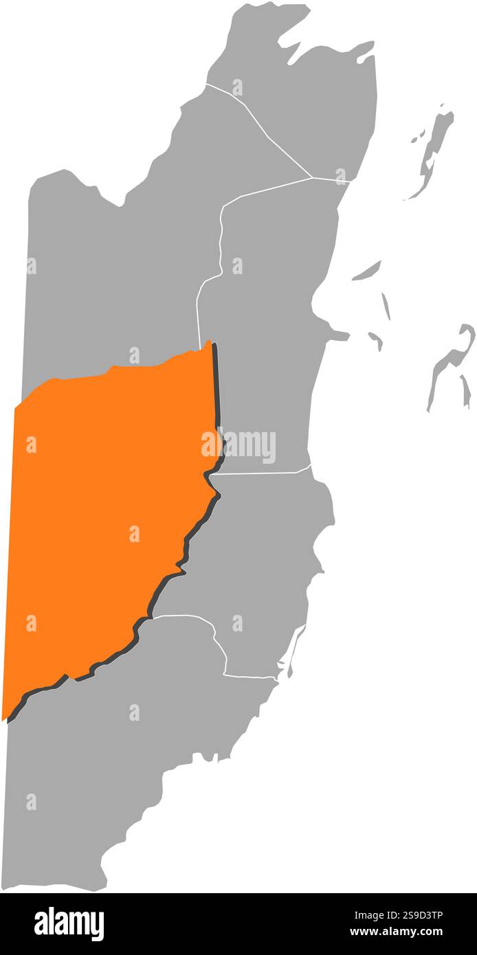 Map of Belize with the provinces, Cayo is highlighted by orange Stock ...