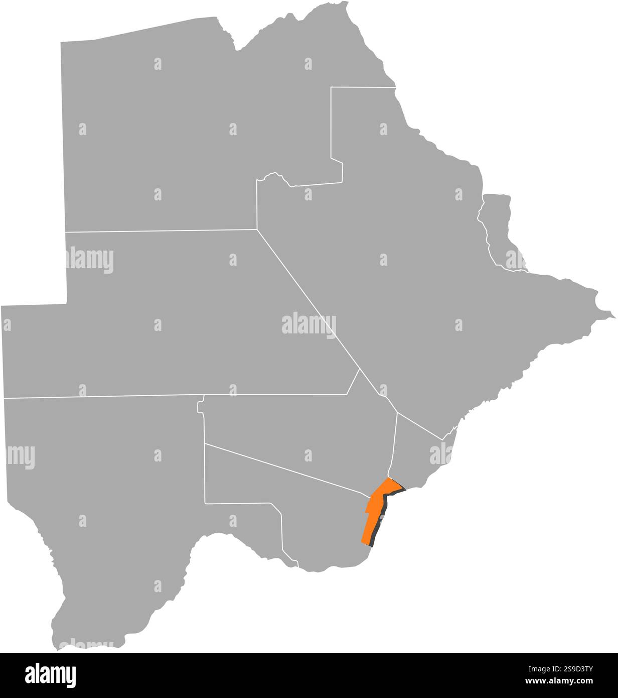 Map of Botswana with the provinces, South-East is highlighted by orange ...