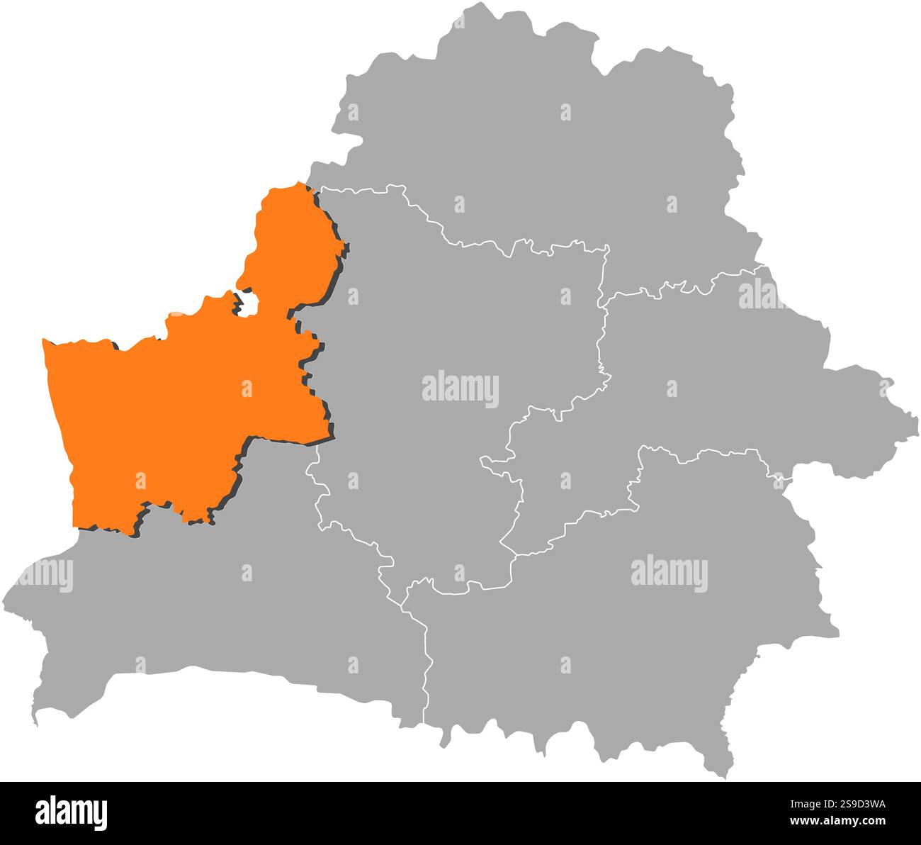 Map of Belarus with the provinces, Grodno is highlighted by orange ...