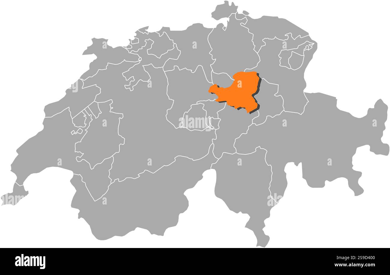 Map of Swizerland with the provinces, Schwyz is highlighted by orange ...