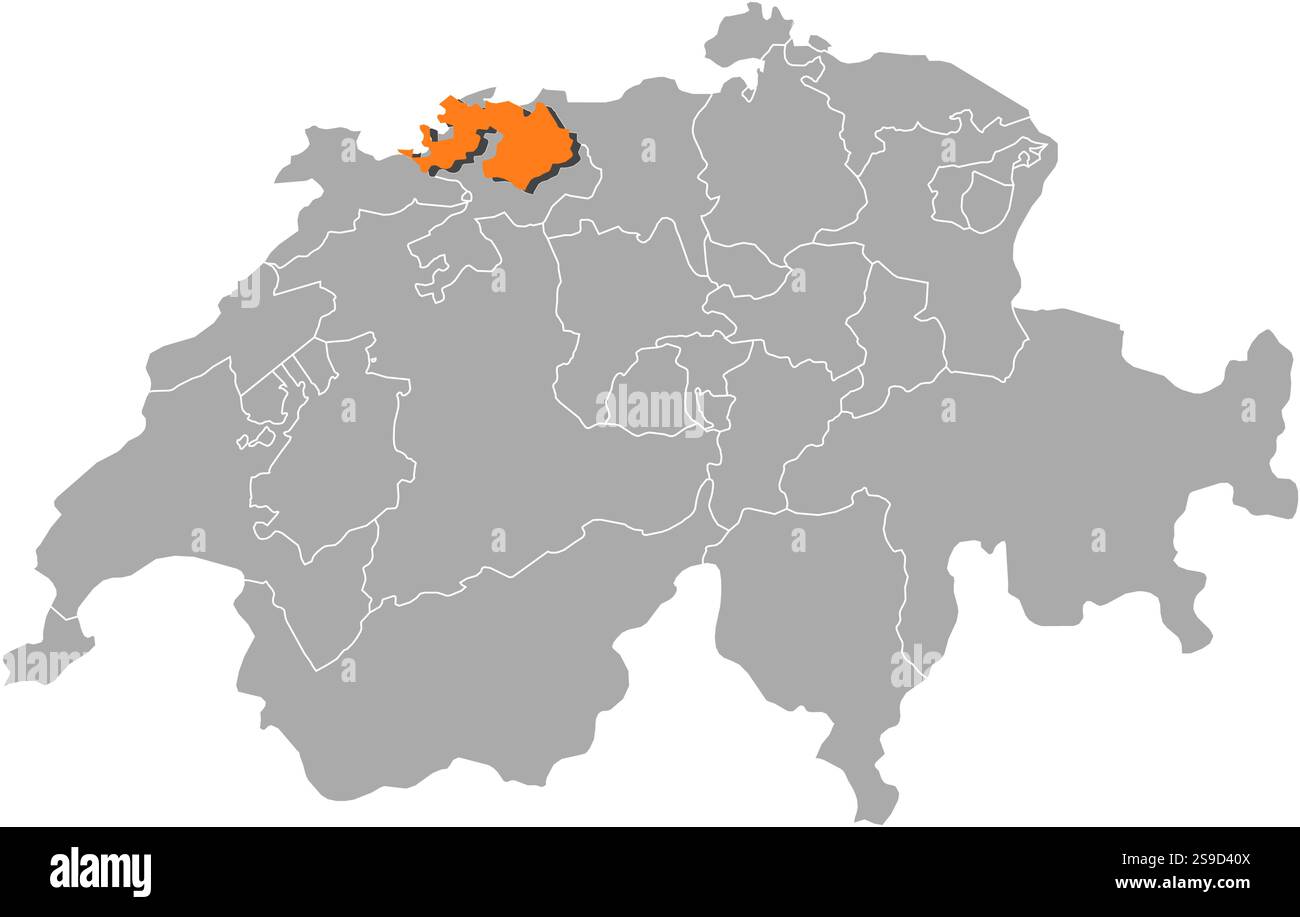 Map of Swizerland with the provinces, Basel-Landschaft is highlighted ...
