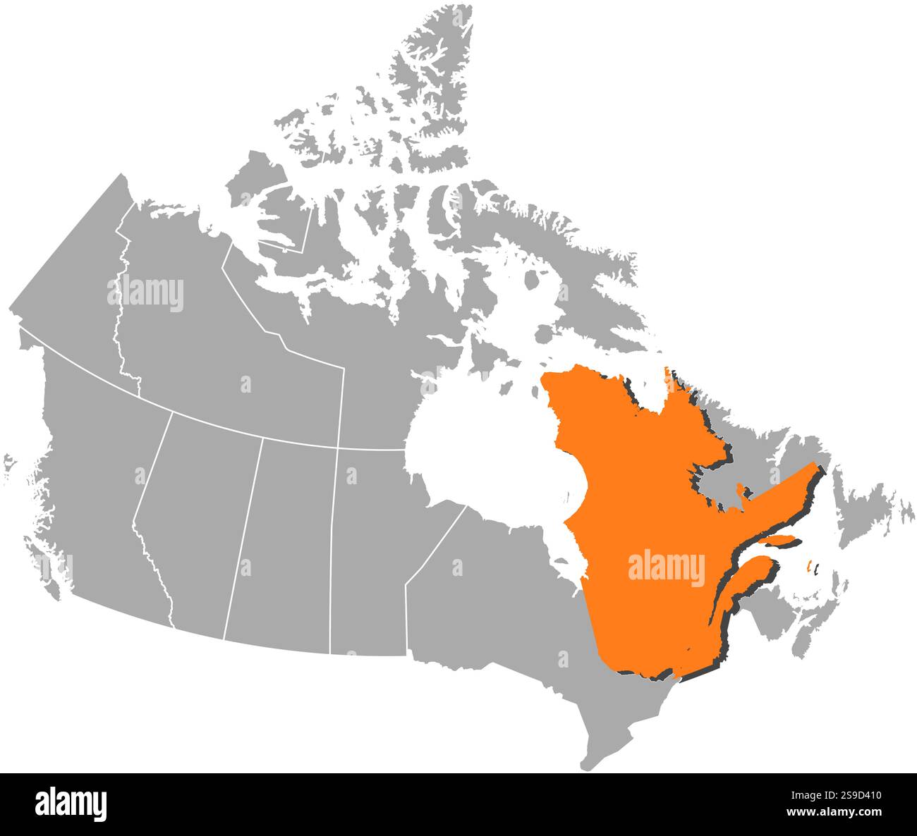 Map of Canada with the provinces, Quebec is highlighted by orange Stock ...