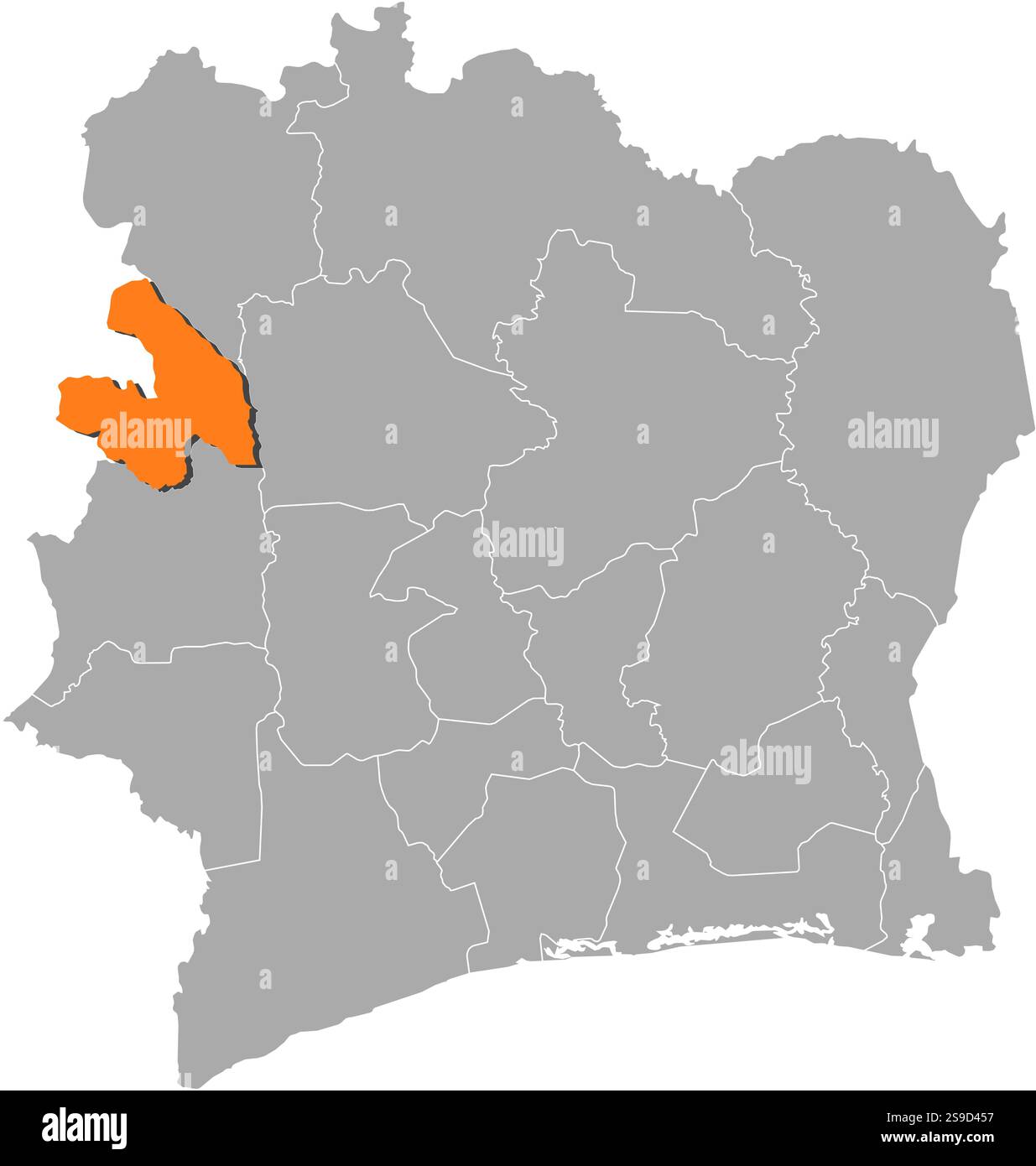 Map of Ivory Coast with the provinces, Bafing is highlighted by orange ...