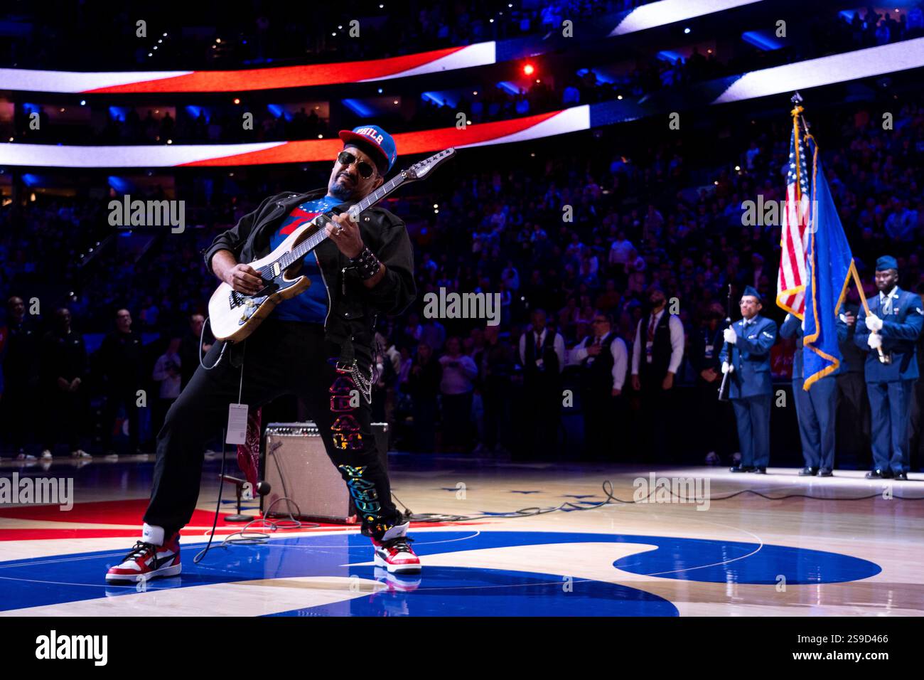 Musician Gabriele Guma performs the National Anthem prior to the NBA ...