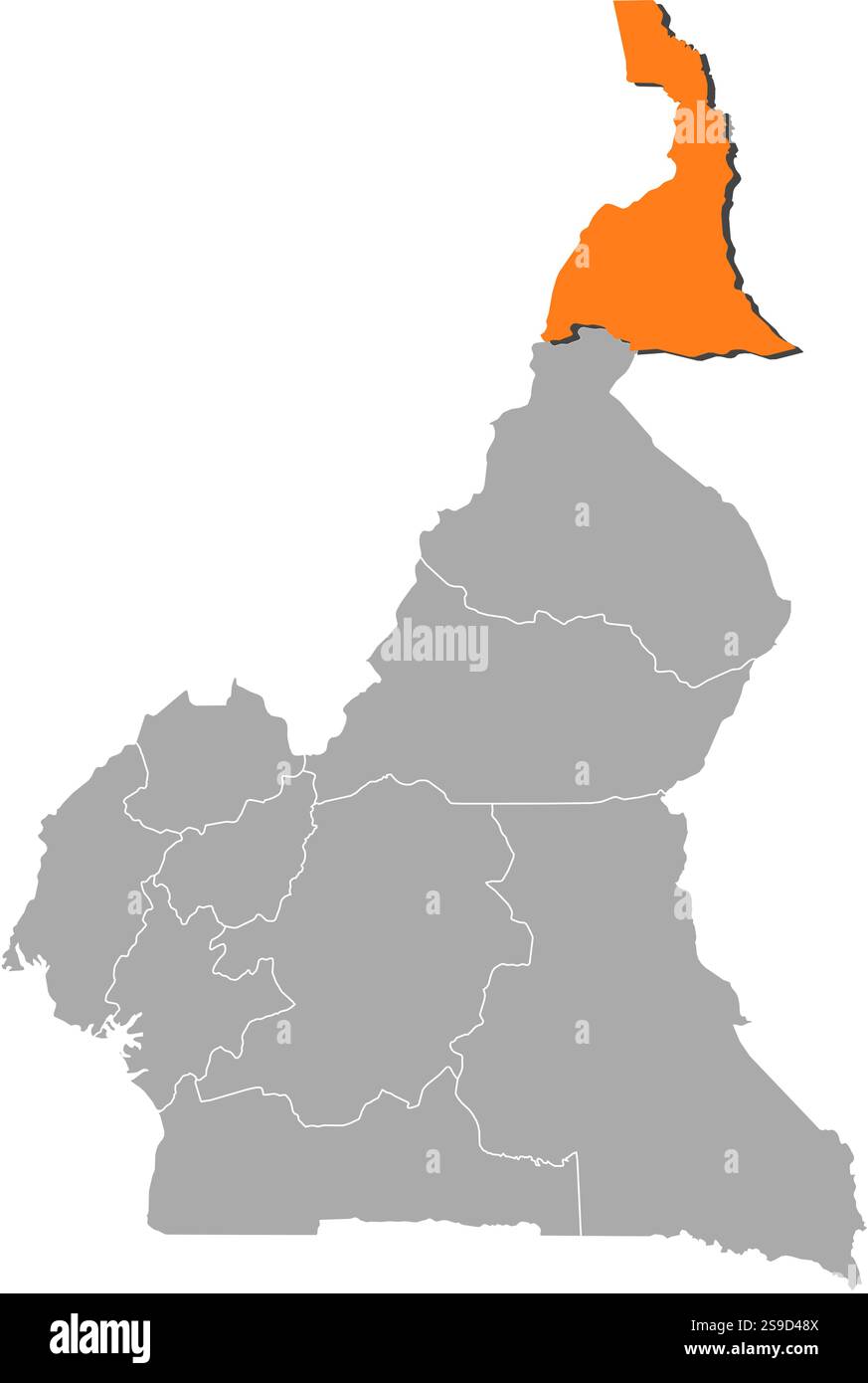 Map of Cameroon with the provinces, Far North is highlighted by orange ...