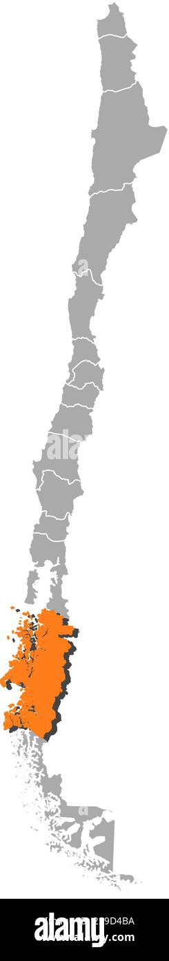 Map of Chile with the provinces, Aisén is highlighted by orange Stock ...