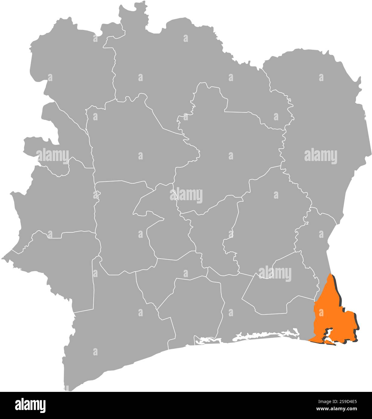 Map of Ivory Coast with the provinces, Sud-Comoé is highlighted by ...