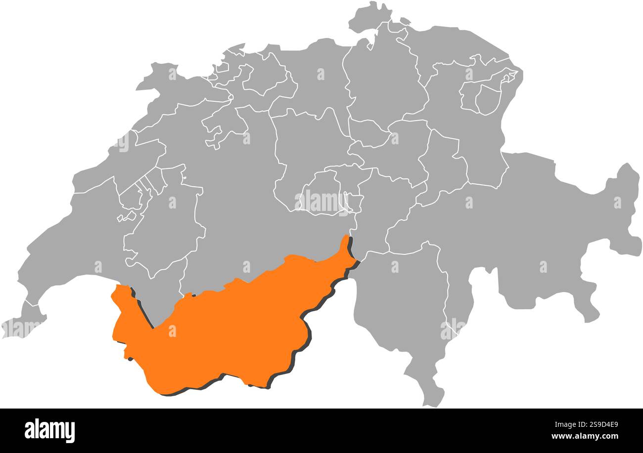 Map of Swizerland with the provinces, Valais is highlighted by orange ...