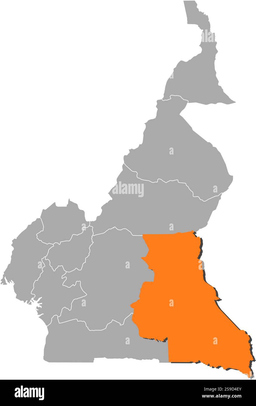 Map of Cameroon with the provinces, East is highlighted by orange Stock ...