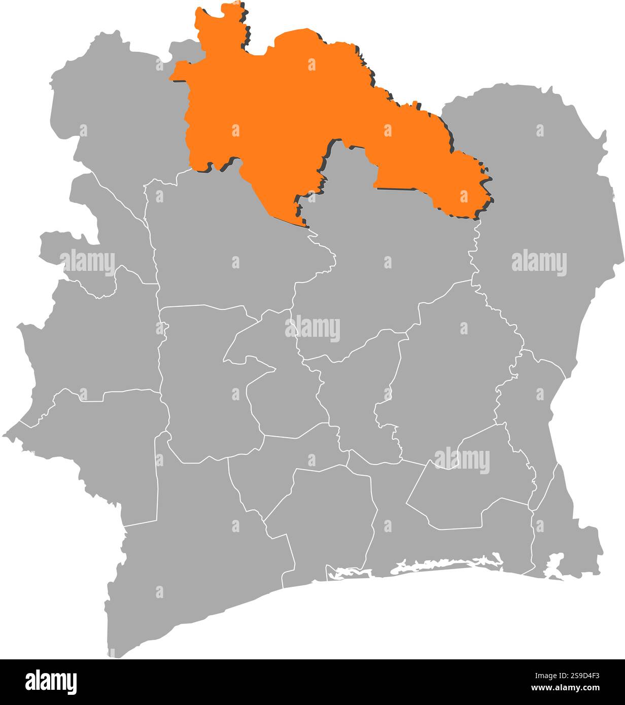 Map of Ivory Coast with the provinces, Savanes is highlighted by orange ...