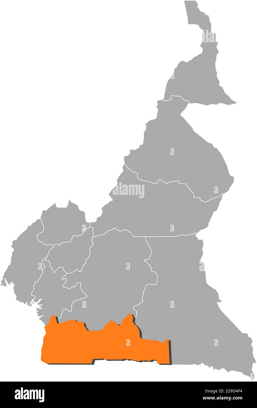 Map of Cameroon with the provinces, South is highlighted by orange ...
