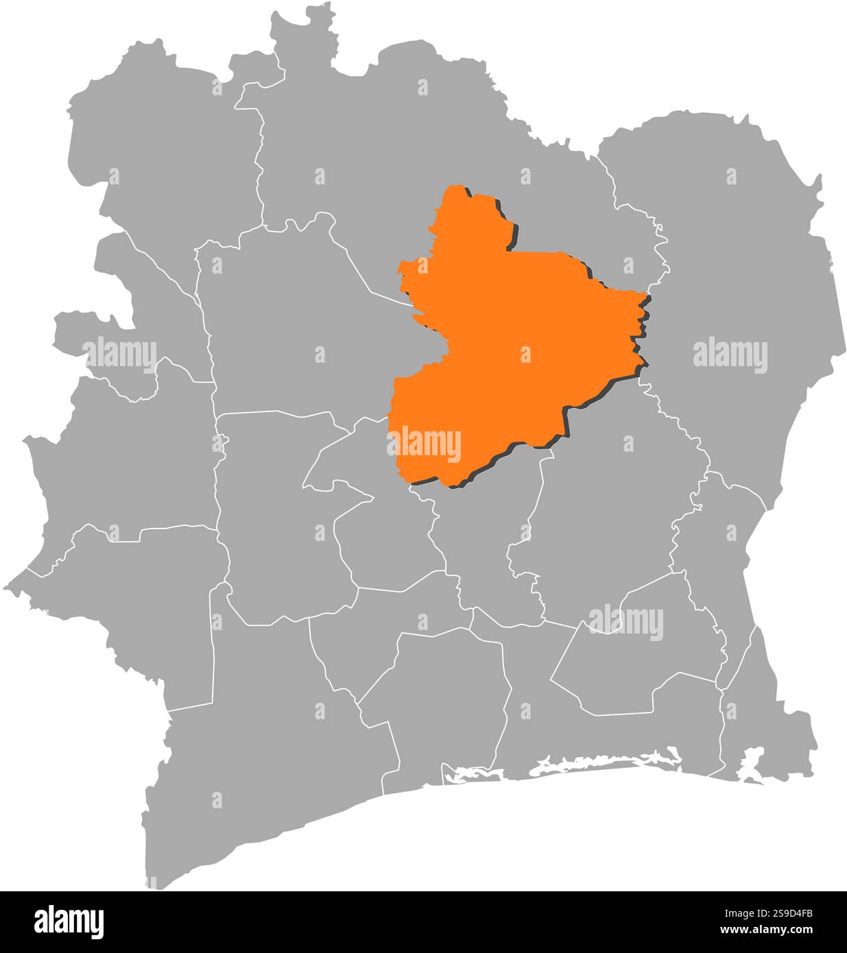 Map of Ivory Coast with the provinces, Vallée du Bandama is highlighted ...