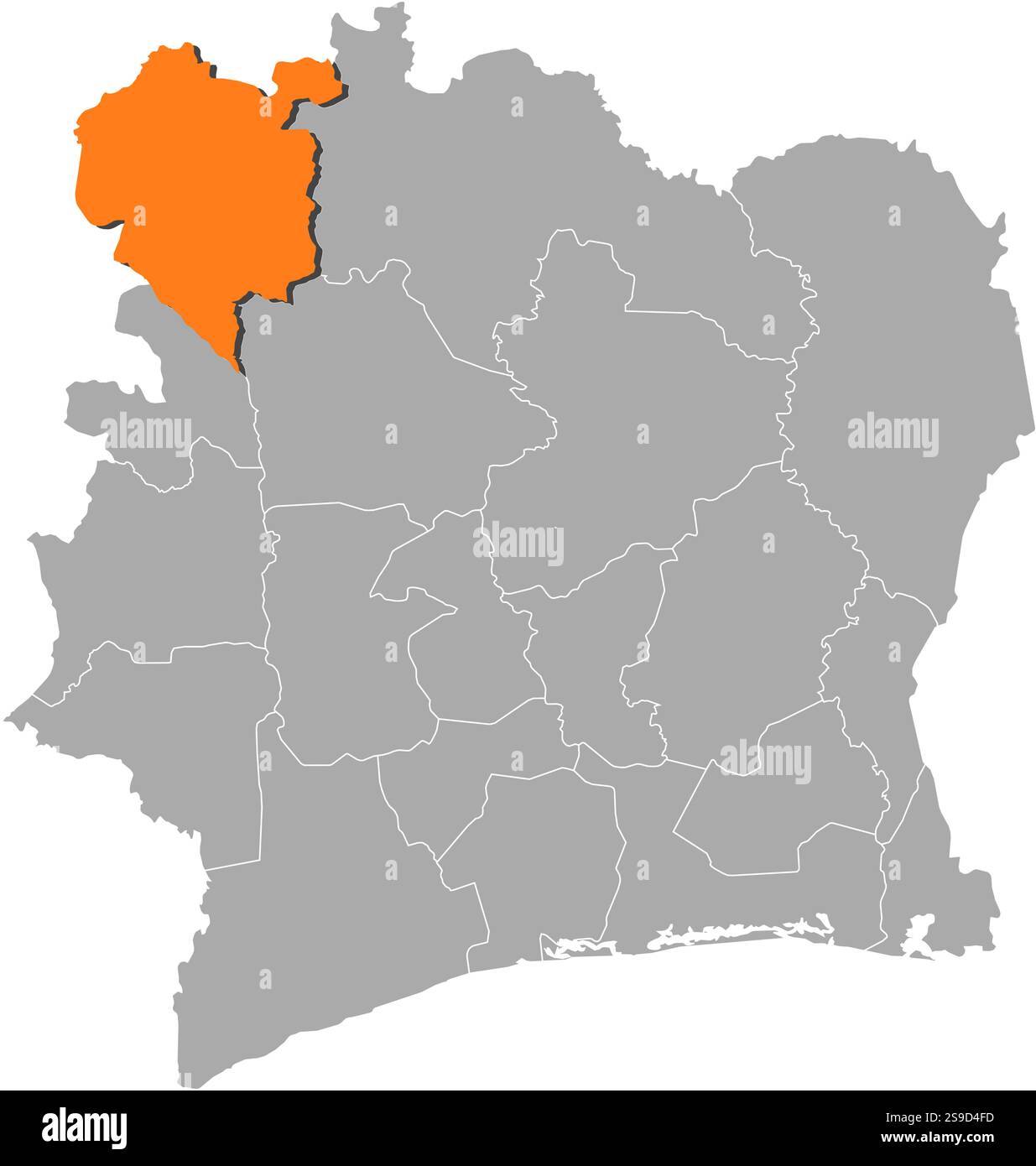 Map of Ivory Coast with the provinces, Denguélé is highlighted by ...