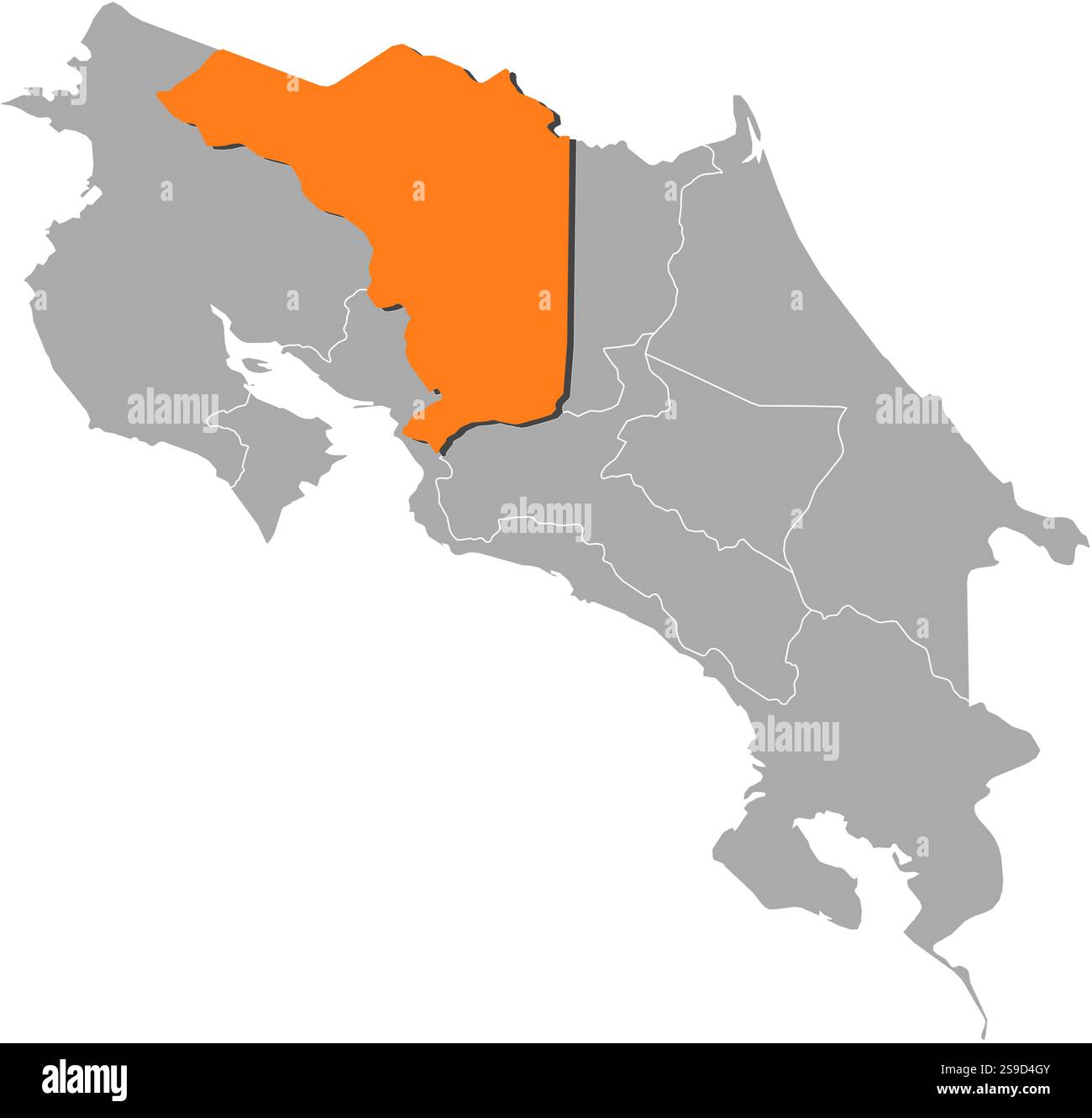 Map of Costa Rica with the provinces, Alajuela is highlighted by orange ...