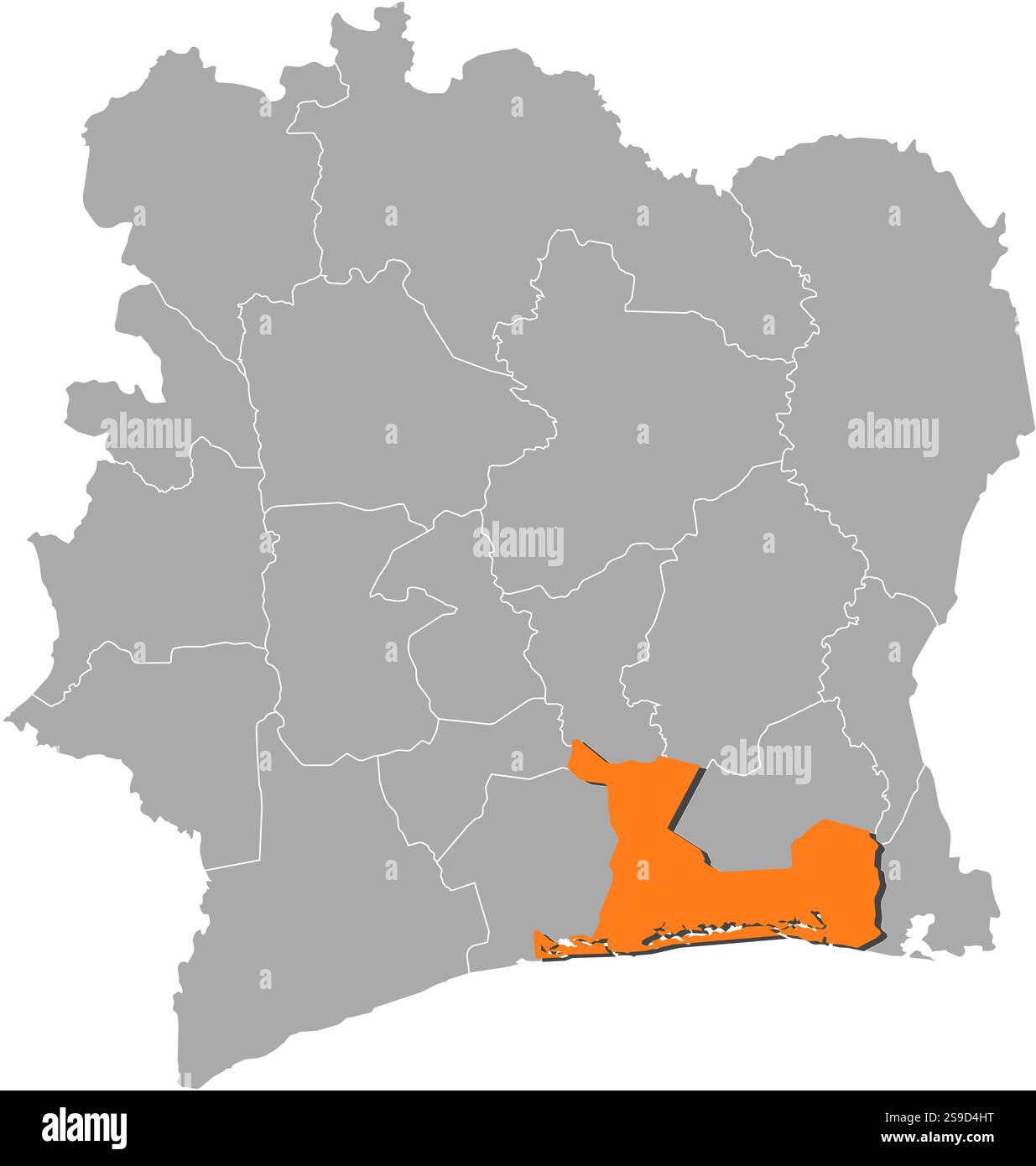 Map of Ivory Coast with the provinces, Lagunes is highlighted by orange ...