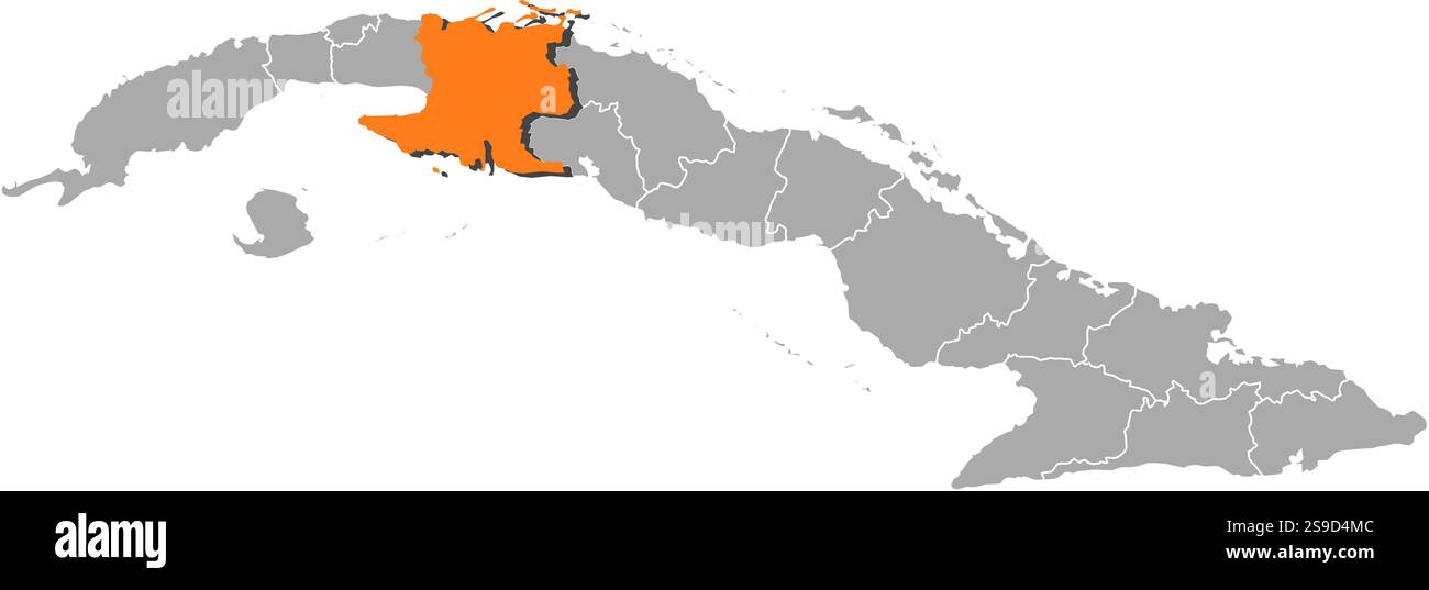 Map of Cuba with the provinces, Matanzas is highlighted by orange Stock ...
