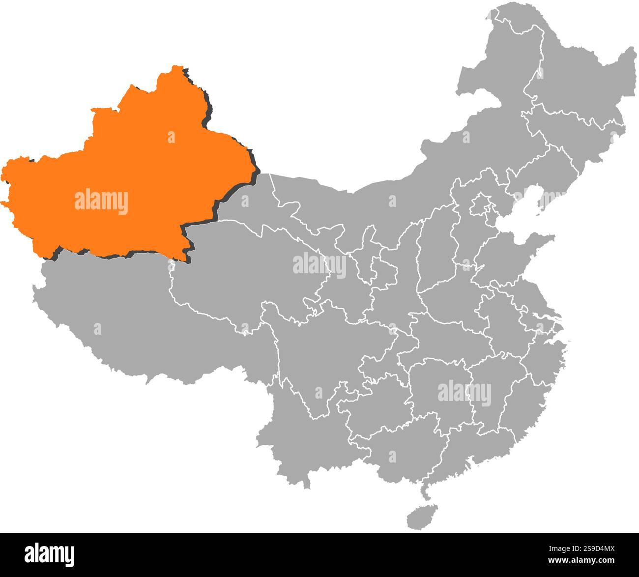 Map of China with the provinces, Xinjiang is highlighted by orange ...