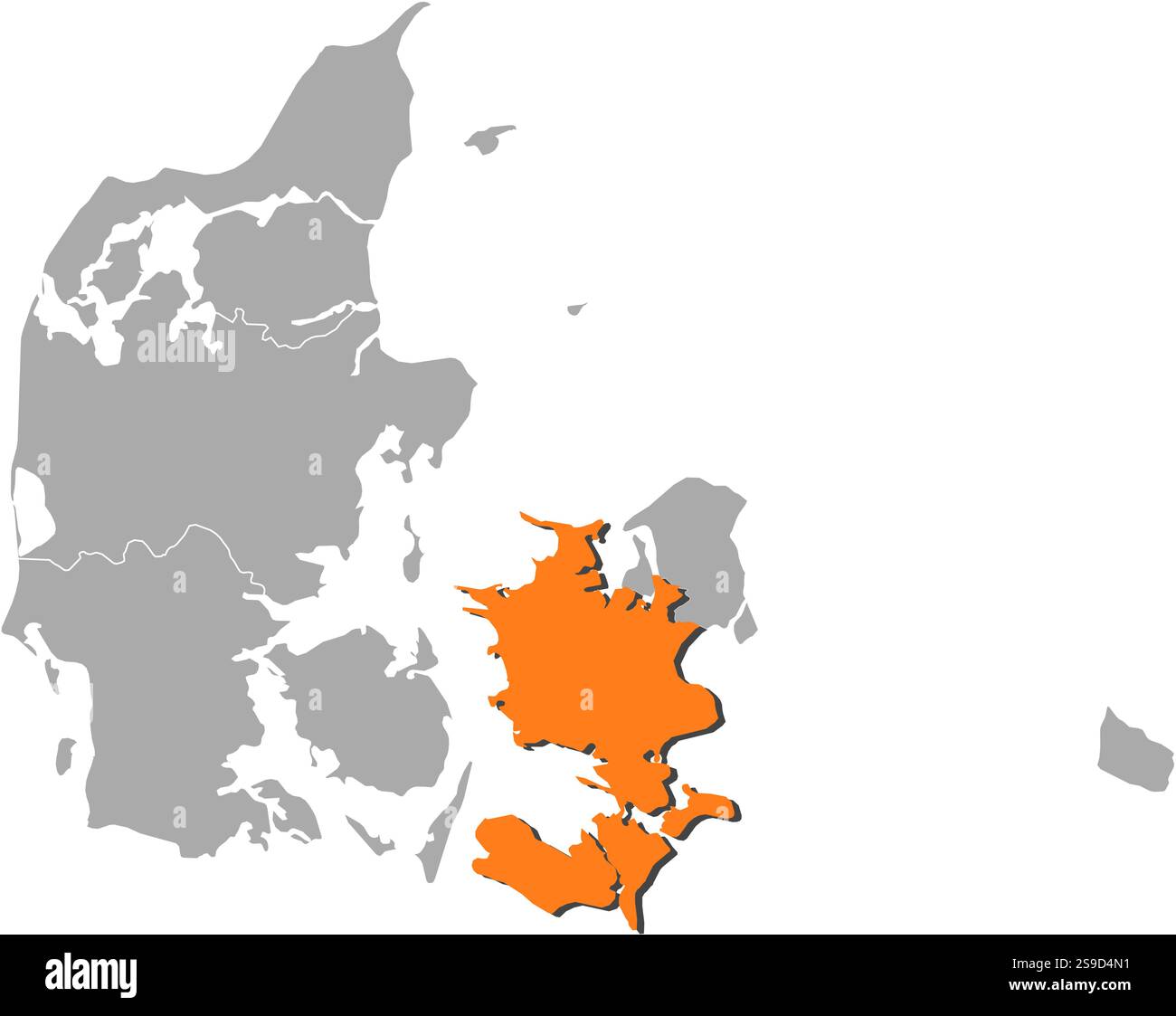Map of Danmark with the provinces, Zealand is highlighted by orange ...