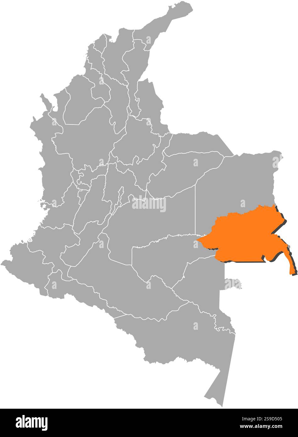 Map of Colombia with the provinces, Guainia is highlighted by orange ...
