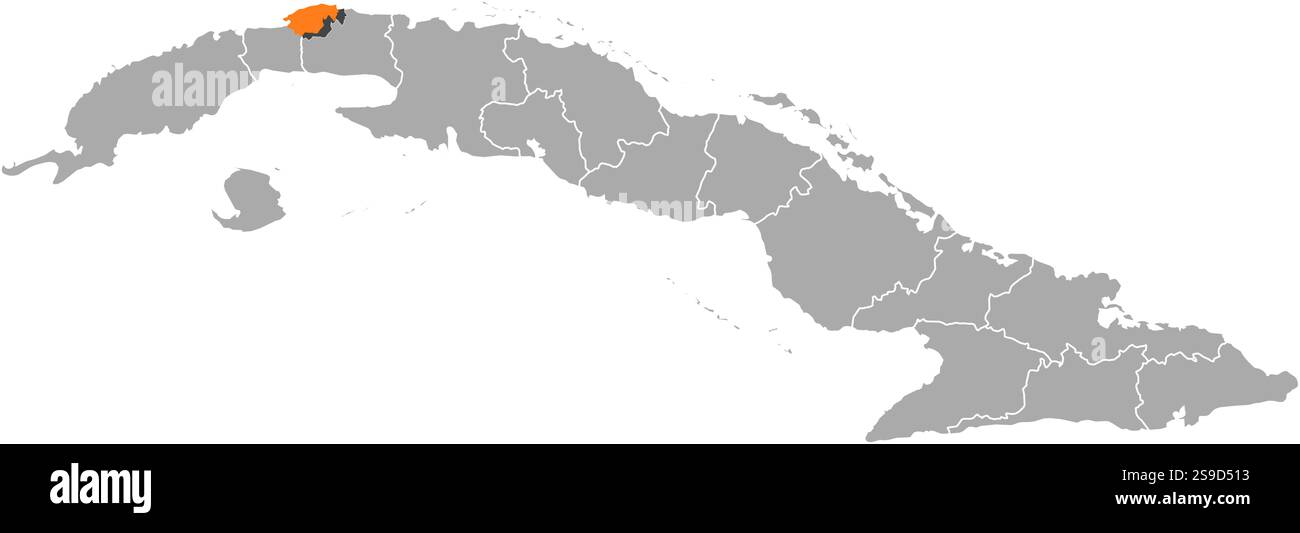 Map of Cuba with the provinces, Havana is highlighted by orange Stock ...